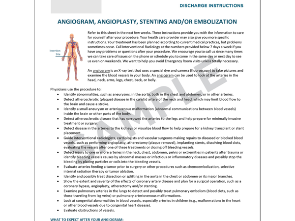Angiogram, Angioplasty, Stenting and/or Embolization After Care ...