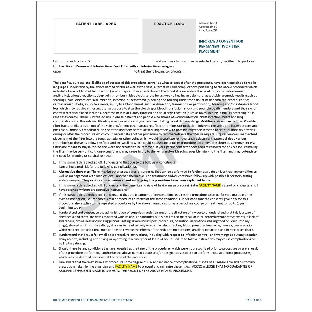 Permanent Ivc Filter Placement Consent Society Of Interventional
